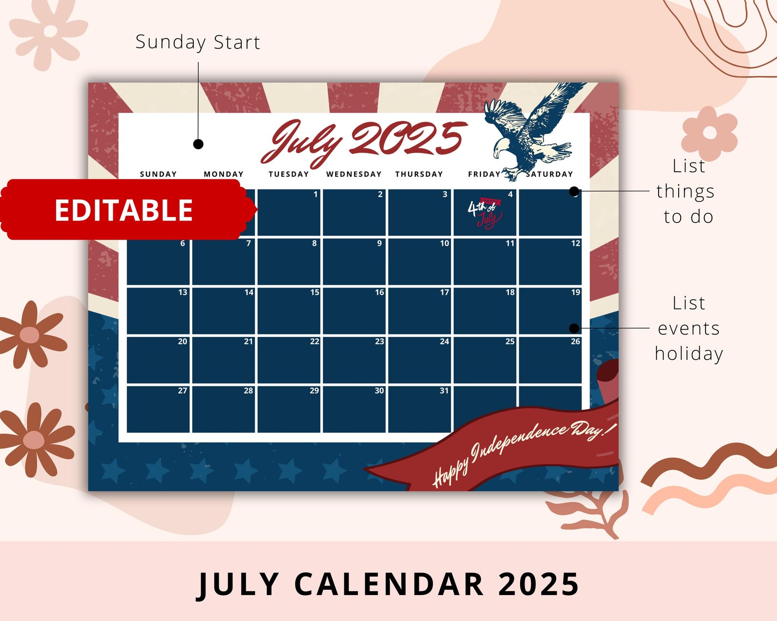 Editable July 2025 Calendar Printable, America Independence, Holiday ...