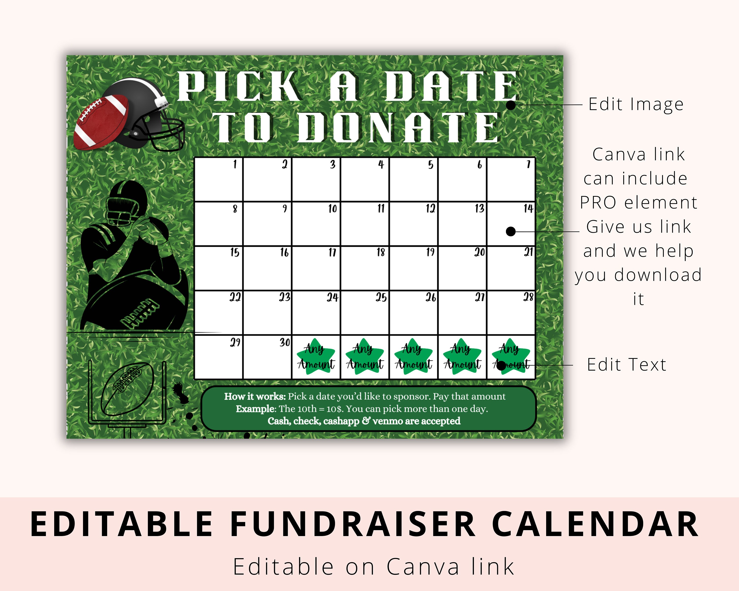 Editable Football Pick a Date to Donate, Editable Canva Template ...