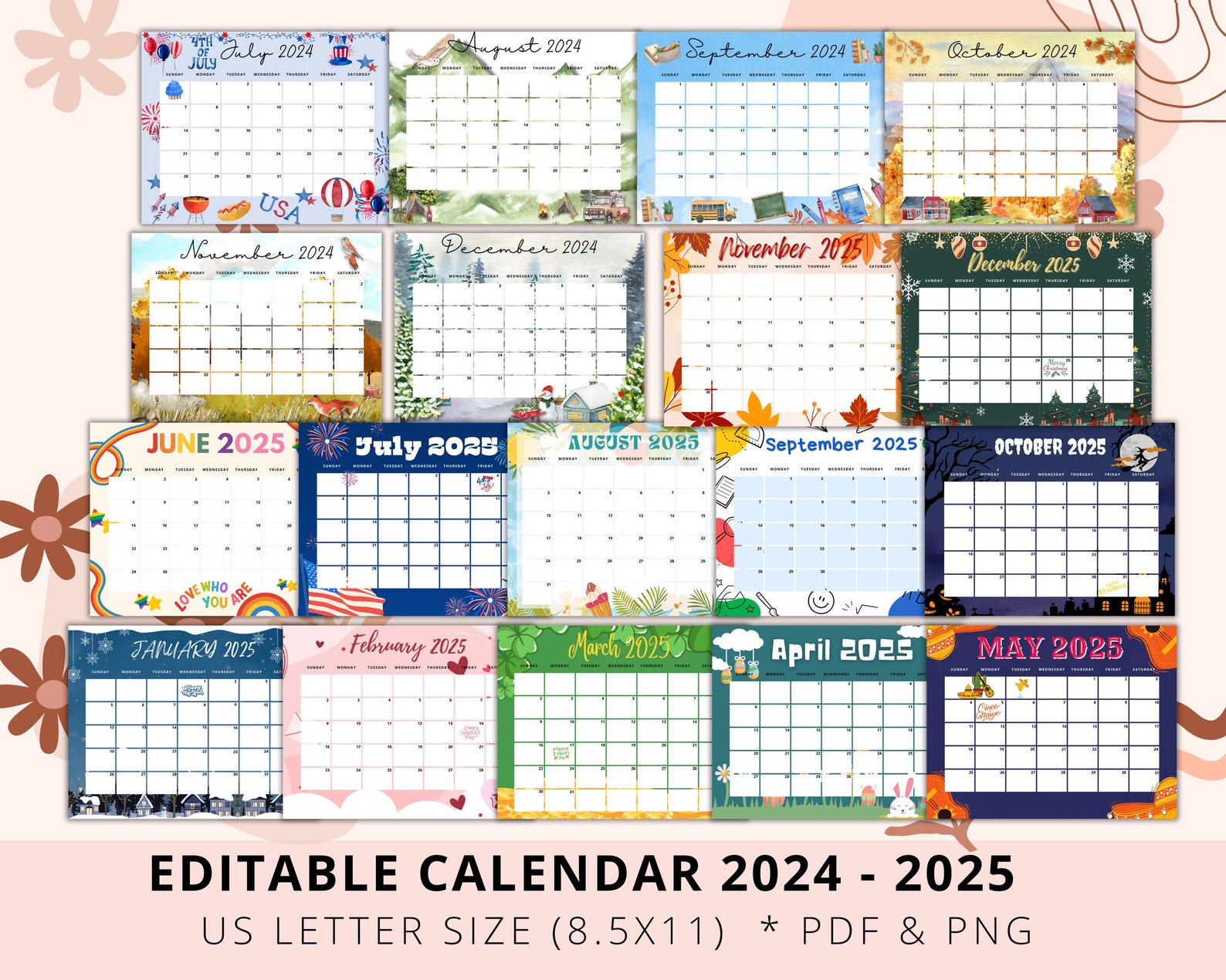 Editable Monthly Calendar 2024 2025, 18 Months, Back to School, Holiday ...