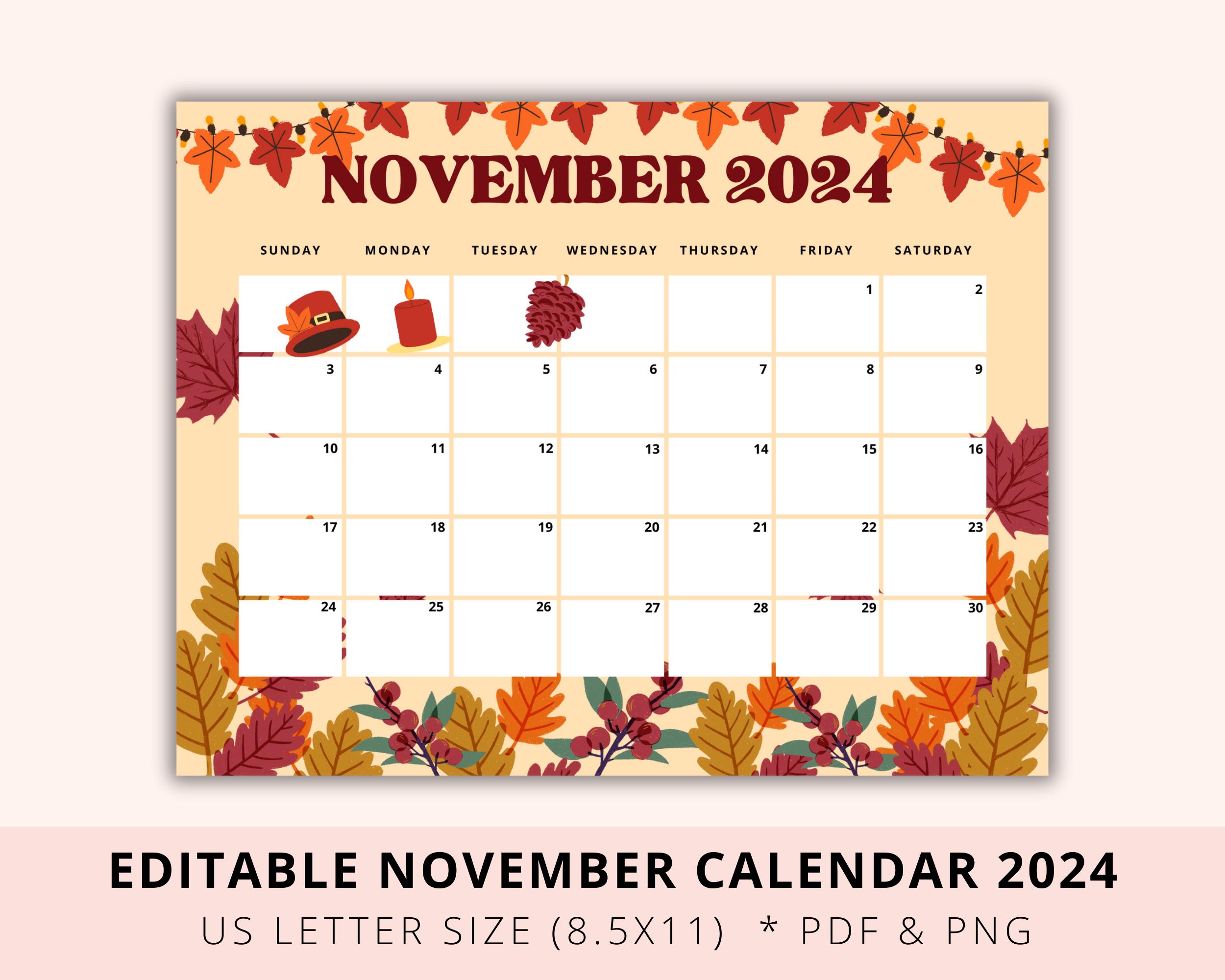 Editable Thanksgiving 2024 Calendar, November 2024 Calendar, Minimalist ...