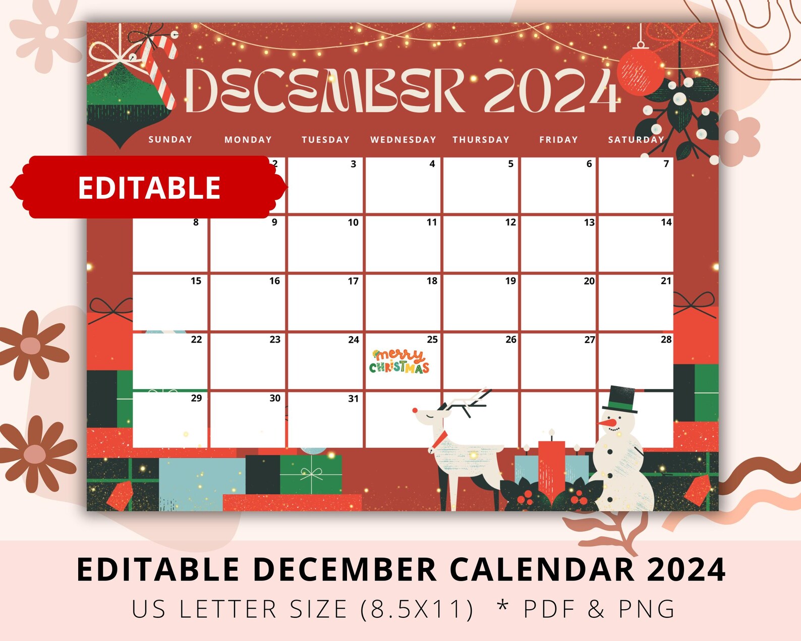 Editable Christmas 2024 Calendar, December Calendar 2024, Academic ...