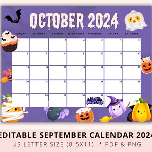 Editable Halloween 2024 Calendar, October 2024 Calendar, Spooky Season ...