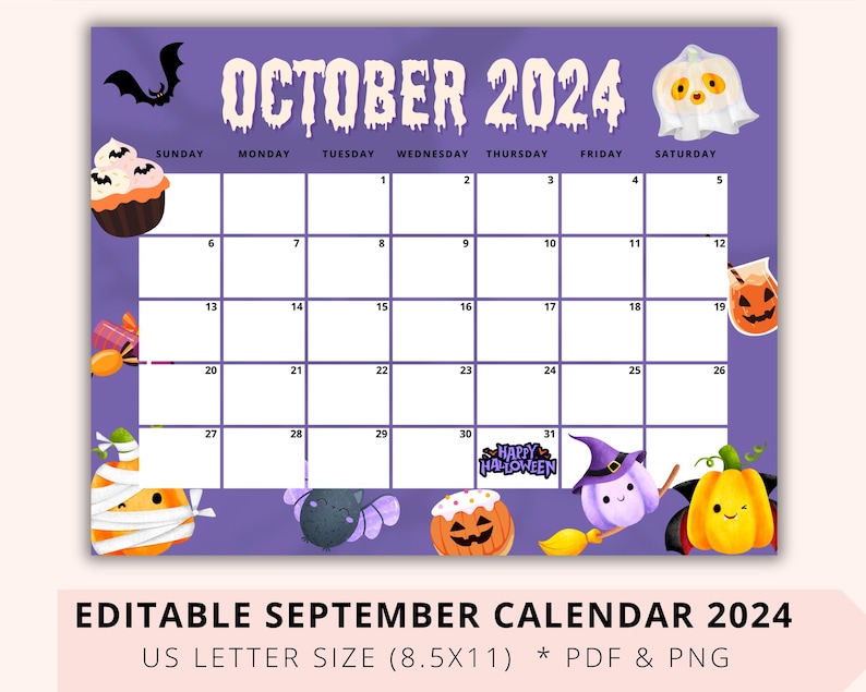 Editable Halloween 2024 Calendar, October 2024 Calendar, Spooky Season ...