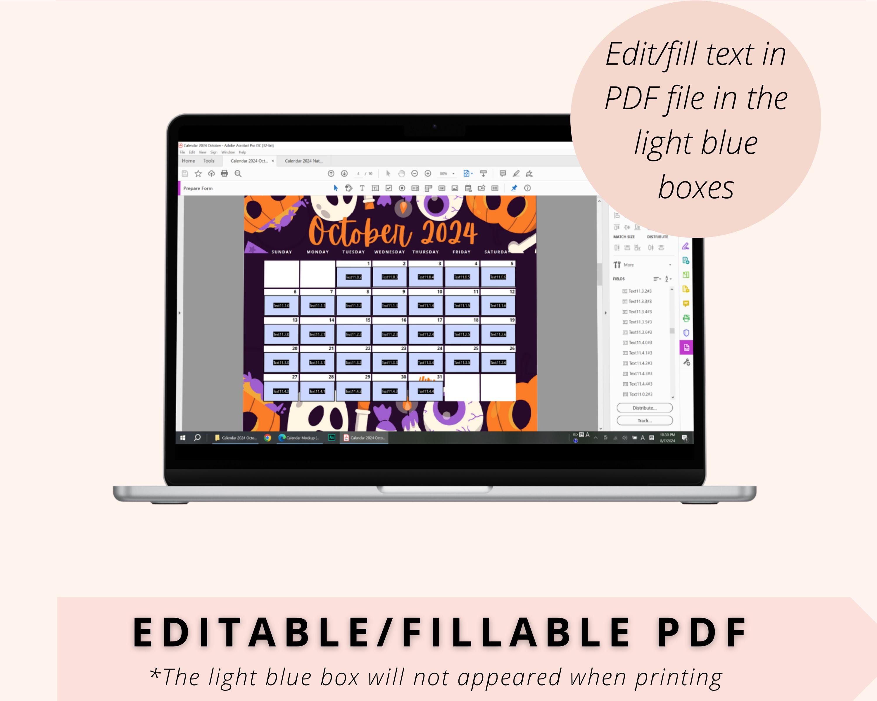 Editable Halloween 2024 Calendar Printable, October 2024, Holiday Theme ...