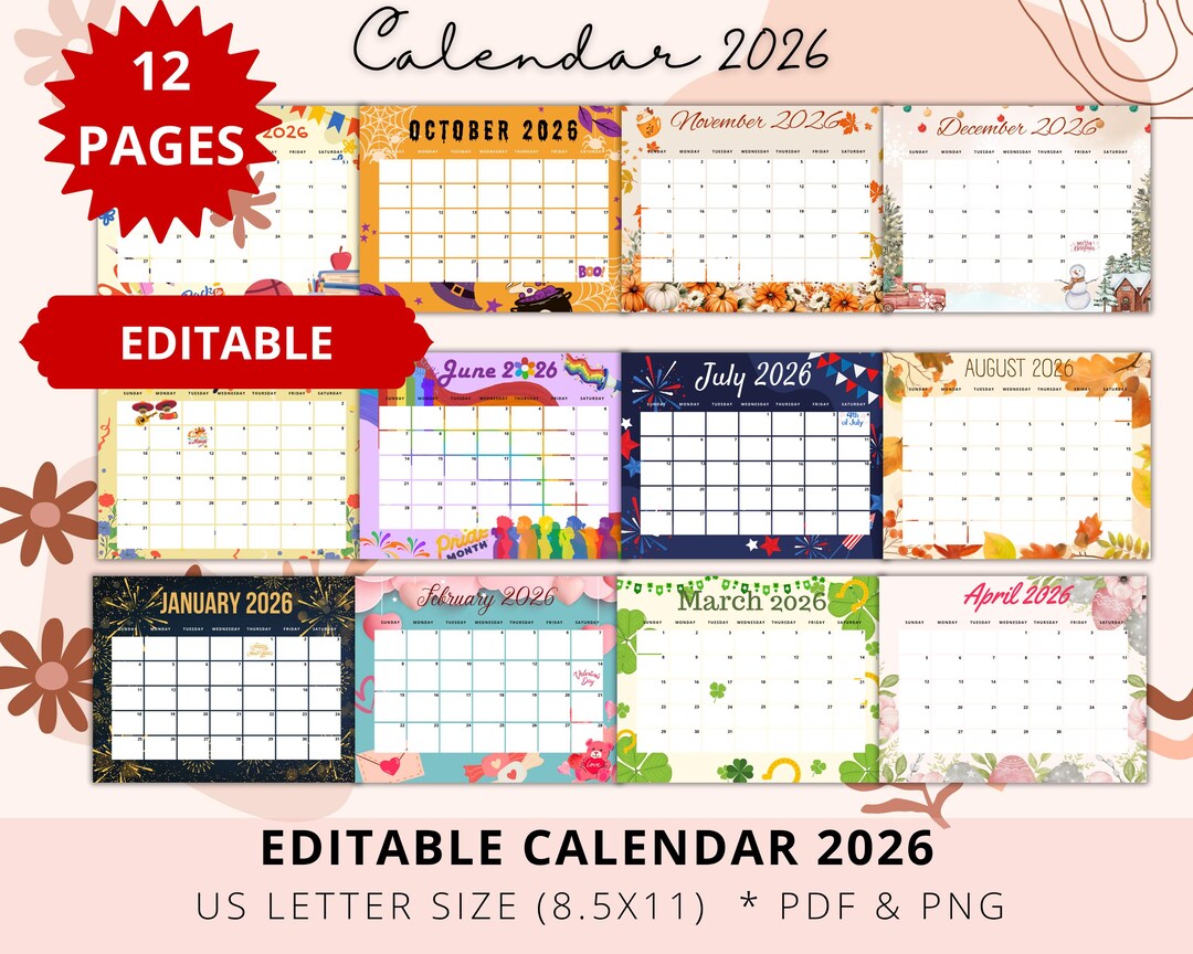 Editable Monthly Calendar 2026, Holiday Calendar, Calendar for Kids ...