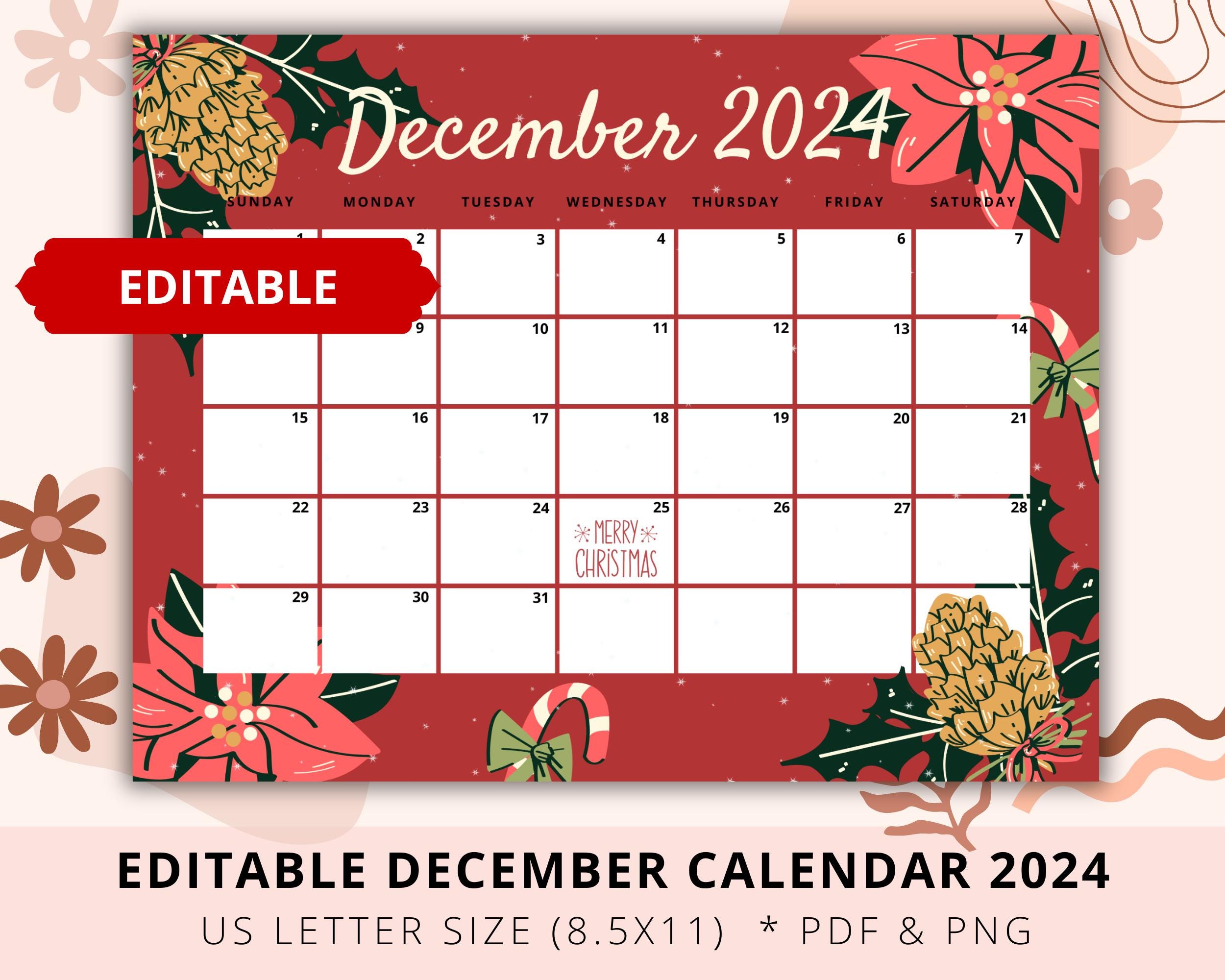 Editable Christmas Calendar 2024 Printable, December 2024, Cat Calendar ...