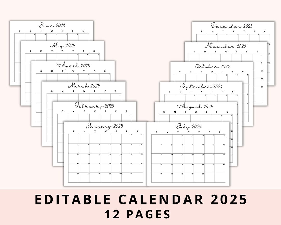 Editable 2025 Monthly Calendar, 12 Month Calendar, Planner 2025, Weekly ...