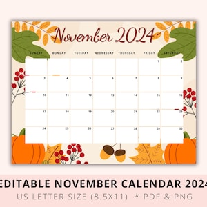Editable Thanksgiving 2024 Calendar, November 2024 Calendar, Autumn ...