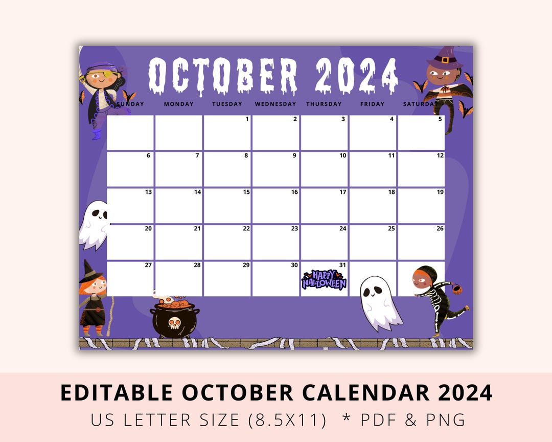 Editable Halloween 2024 Calendar Printable, October 2024, Holiday Theme ...