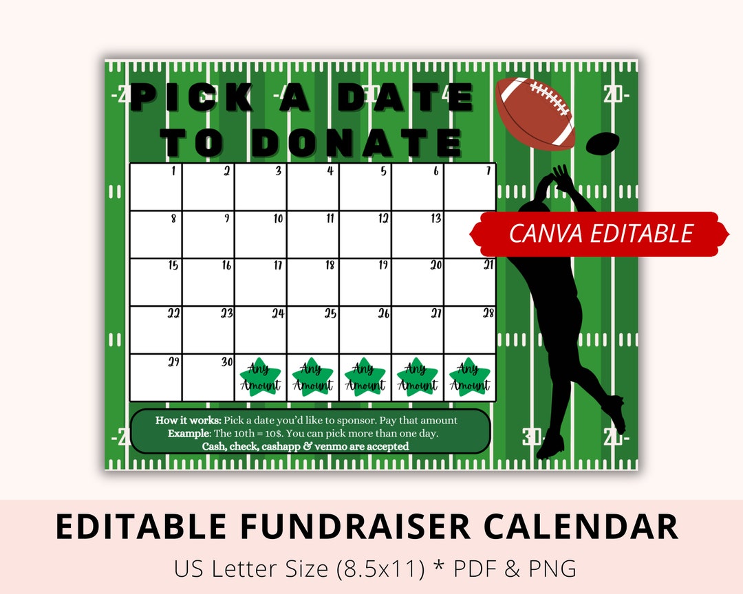Editable Football Pick a Date to Donate, Fundraiser Calendar, Canva ...