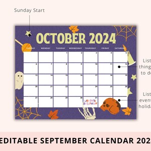 Editable October 2024 Calendar Printable, Trick or Treat, Halloween ...