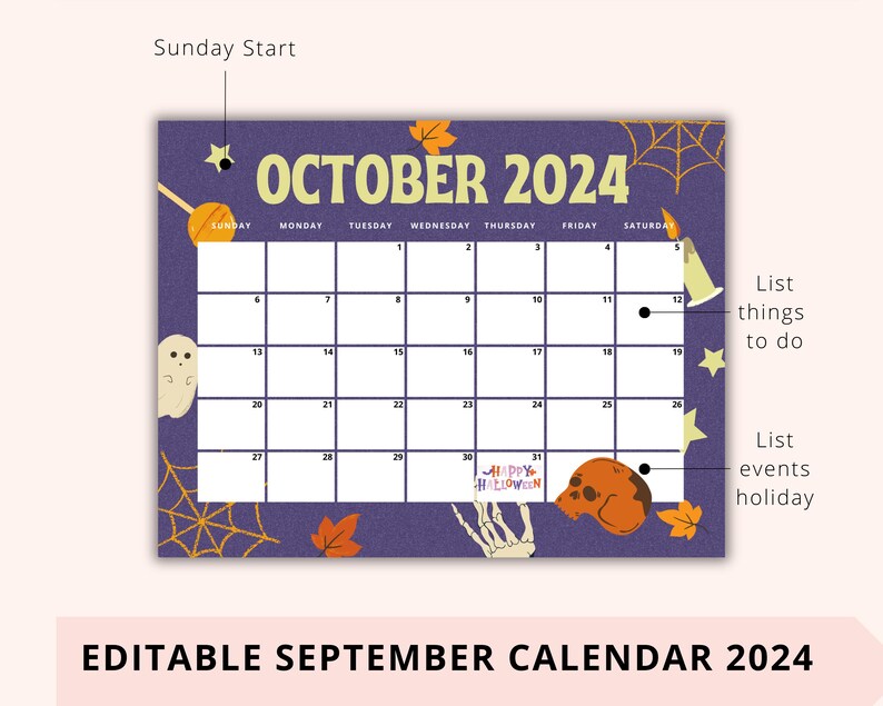 Editable October 2024 Calendar Printable, Trick or Treat, Halloween ...
