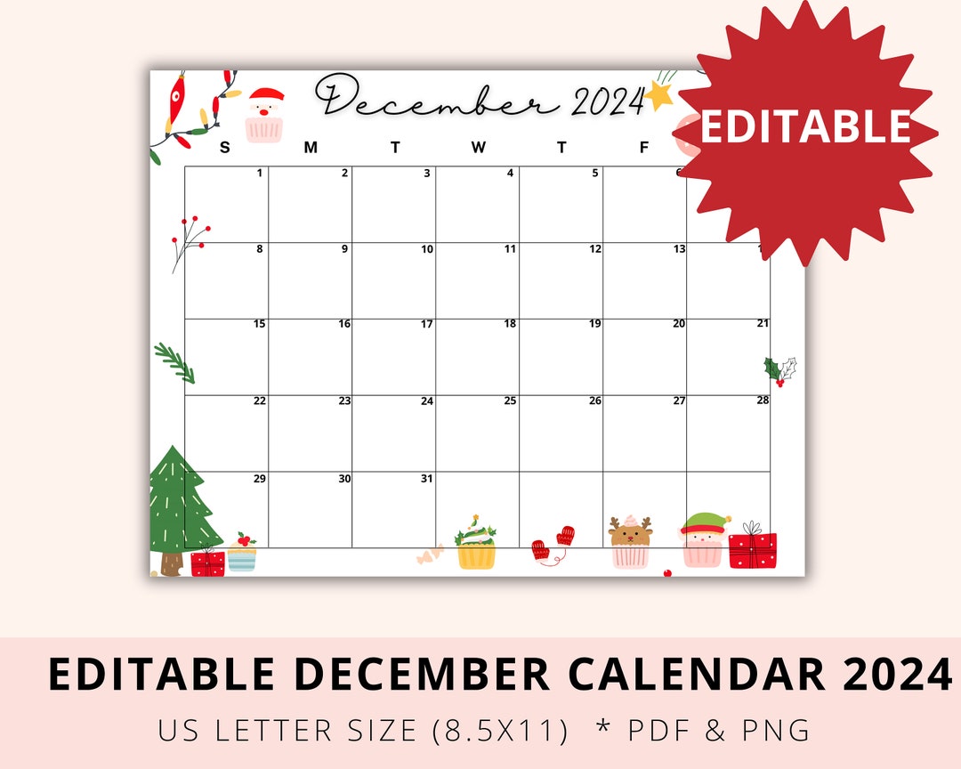 Editable Christmas 2024 Calendar, Monthly Calendar, December Calendar ...
