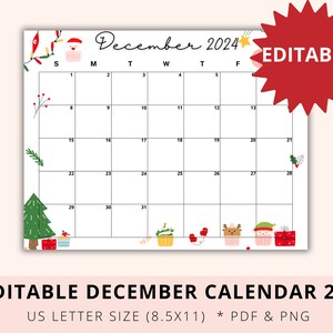 Editable Christmas 2024 Calendar, Monthly Calendar, December Calendar ...