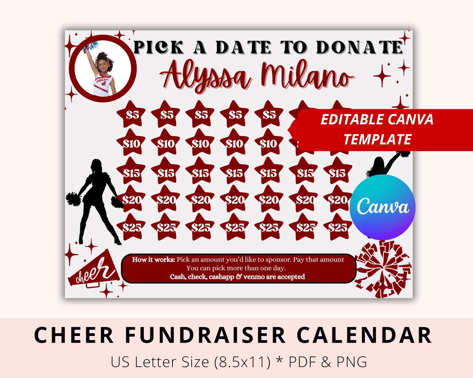 Editable Cheer Pick a Date to Donate, Canva, Maroon Theme, School Fund ...