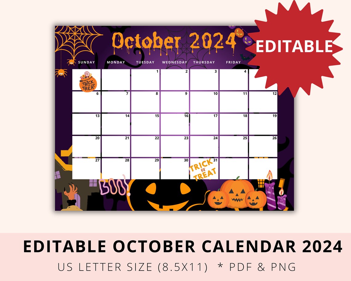 Editable October 2024 Calendar Printable, Trick or Treat, Halloween ...