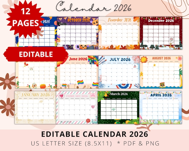 Editable Monthly Calendar 2026, School Calendar, Holiday Calendar ...