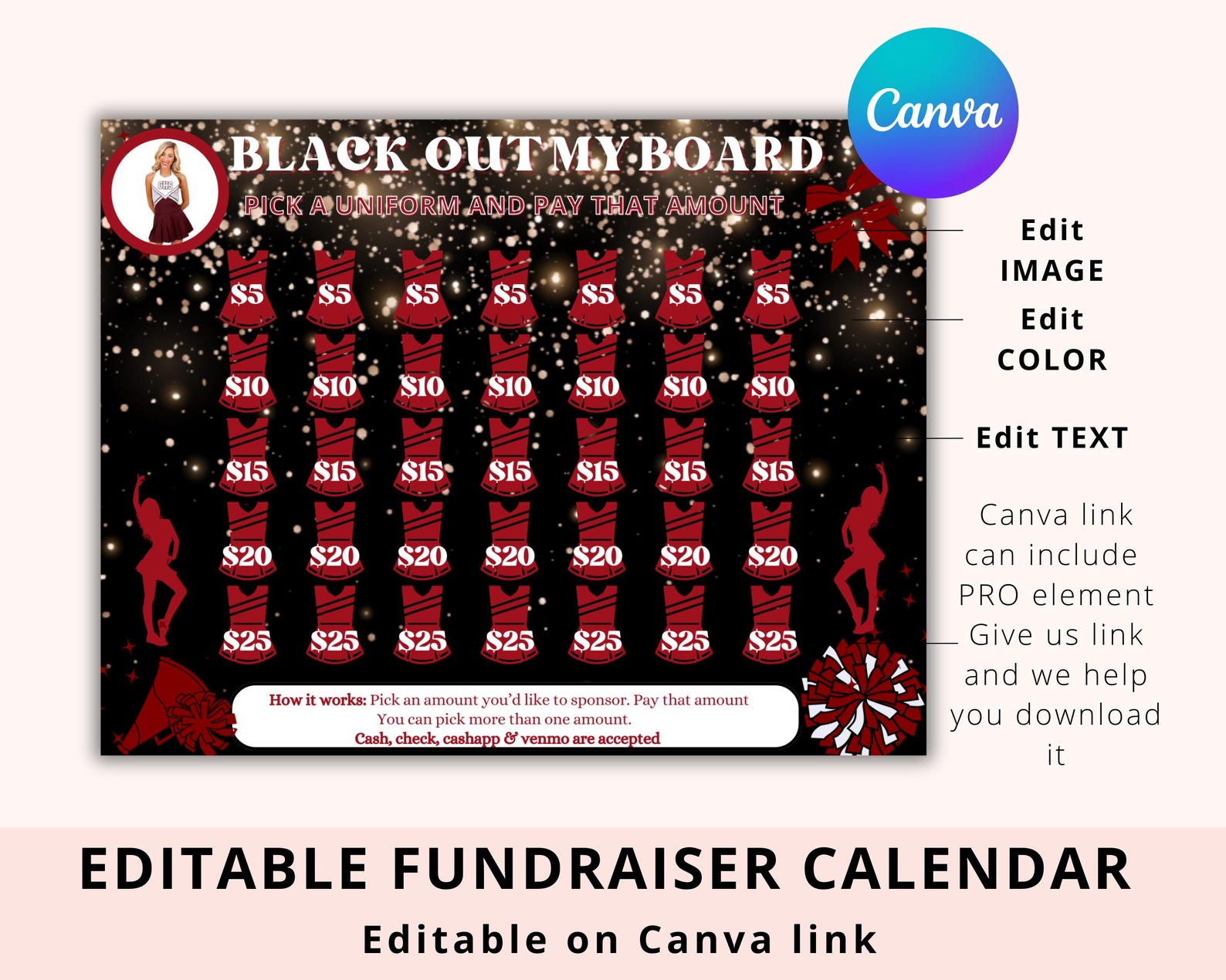 Editable Cheer Pick a Date to Donate, Black Out My Board, Maroon Theme ...