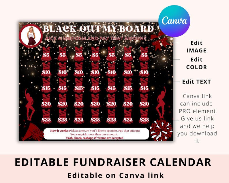 Editable Cheer Pick a Date to Donate, Black Out My Board, Maroon Theme ...