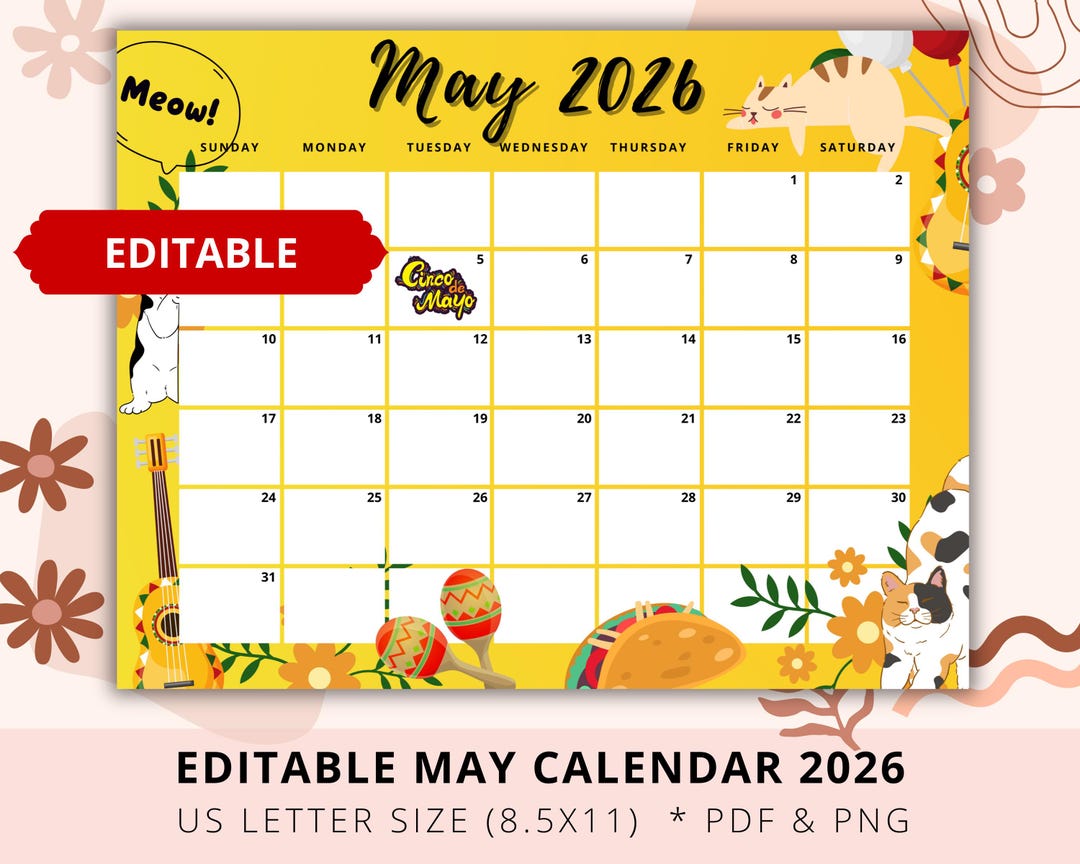 Editable May Calendar 2026, Cat Theme, May Calendar, Monthly Calendar ...