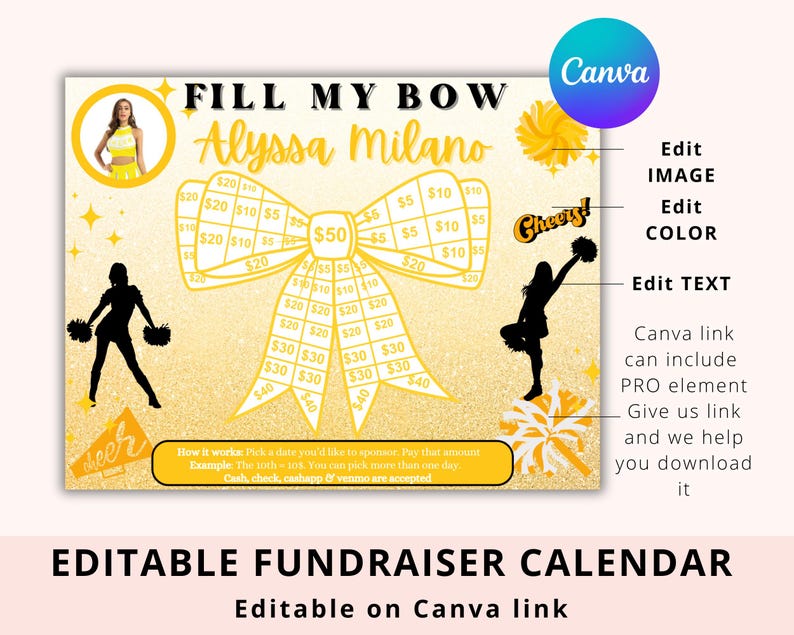 Editable Cheerleading Pick a Date to Donate, D2 Summit, Yellow Theme ...