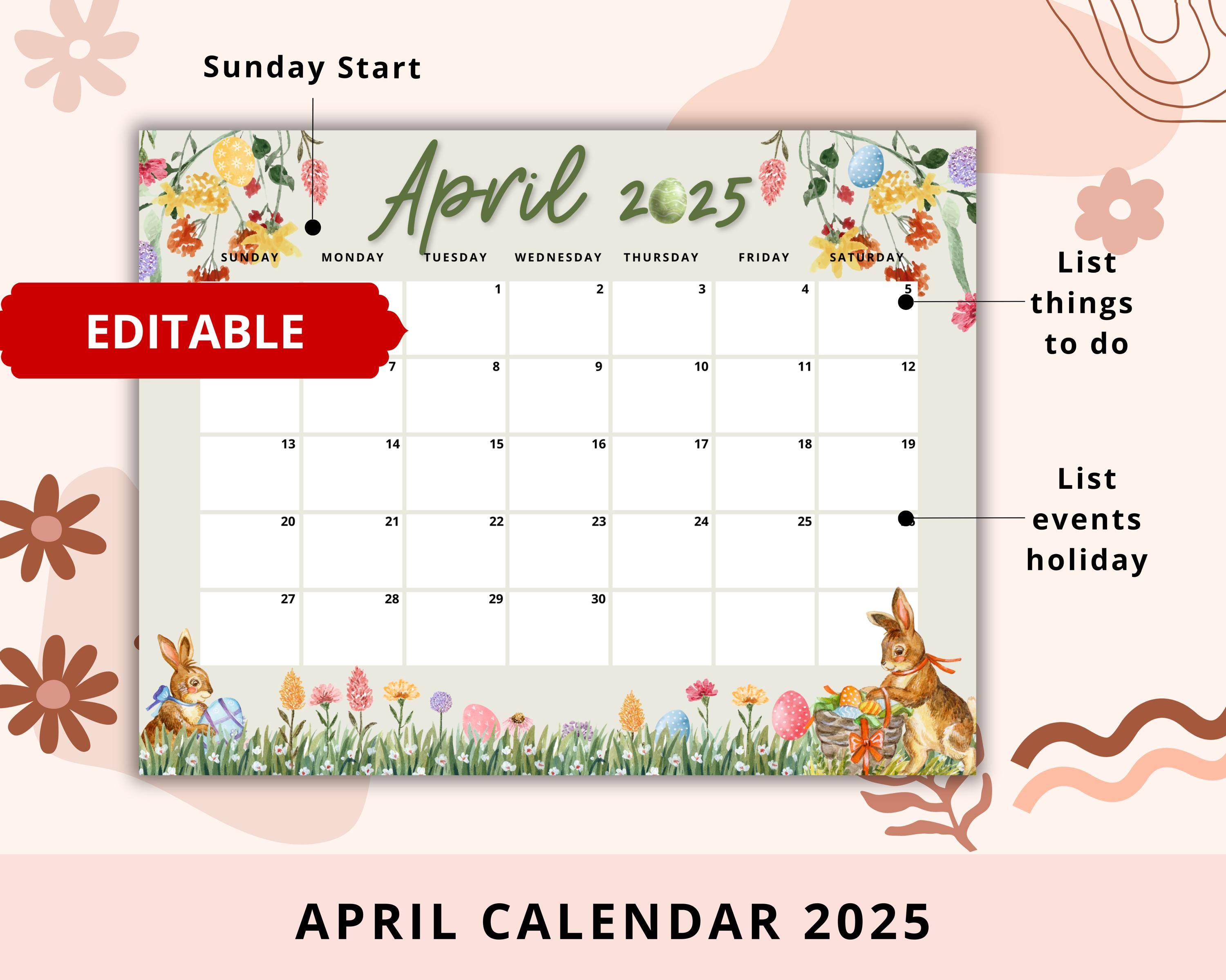 Editable April Calendar 2025, April 2025 Calendar, Easter Planner ...