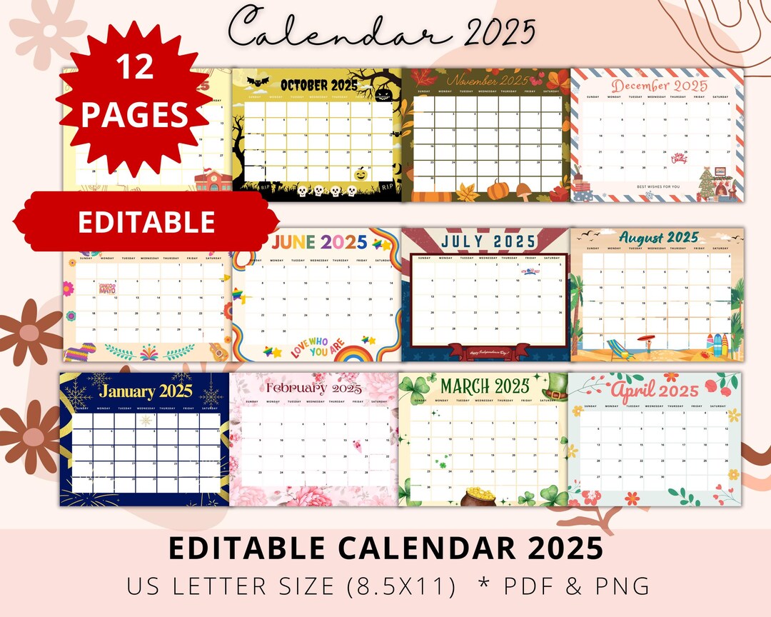 Editable Monthly Calendar 2025, Holiday Calendar, Academic Planner, 12 ...