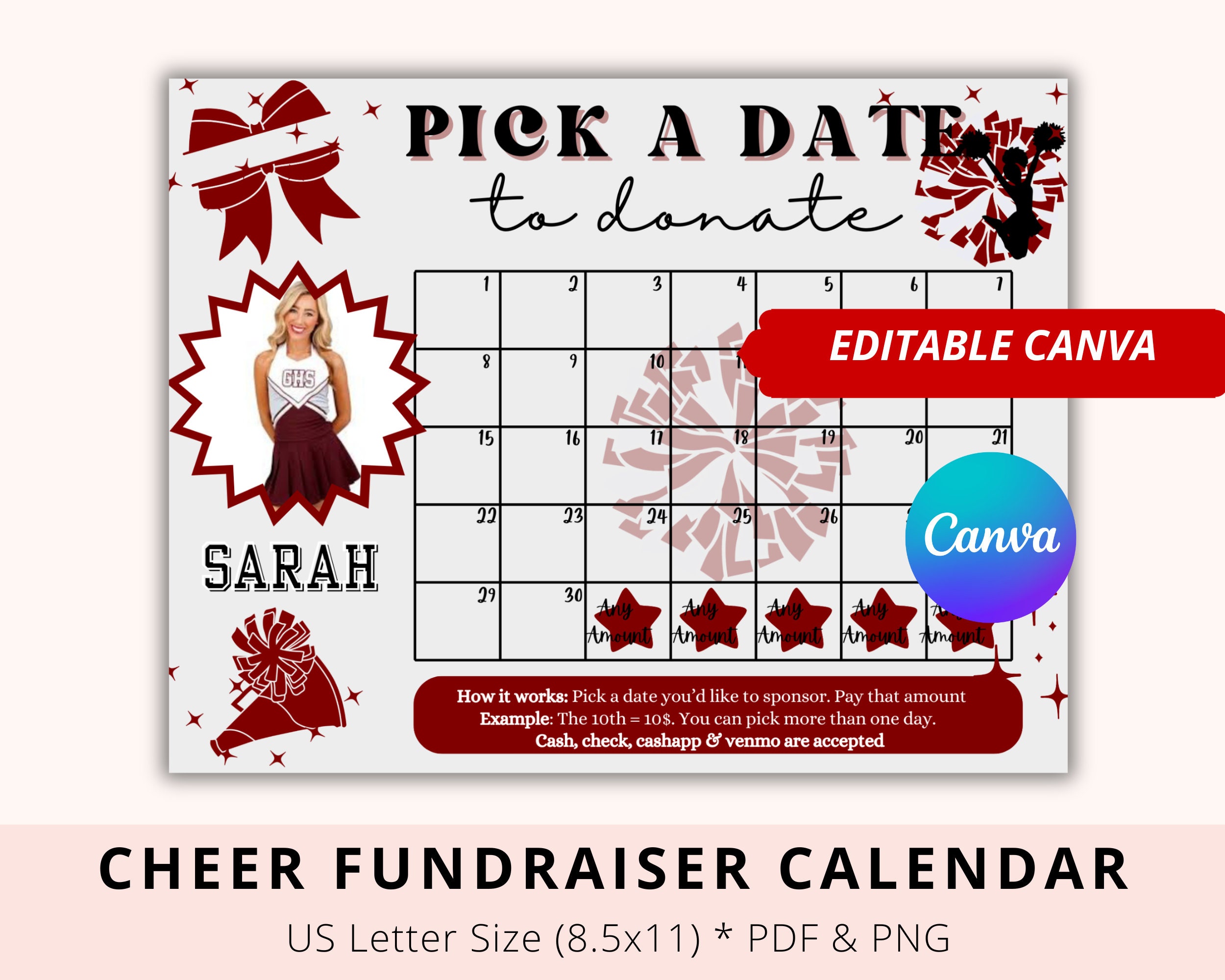 Cheer Pick a Date to Donate, Editable Cheer Fundraiser Calendar, Maroon ...