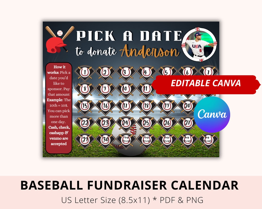 Editable Baseball Pick a Date to Donate, Red Theme, Fundraiser Calendar ...