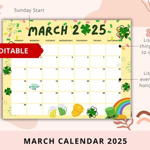 Editable March 2025 Monthly Calendar, St Patrick’s Day 2025, Planner ...