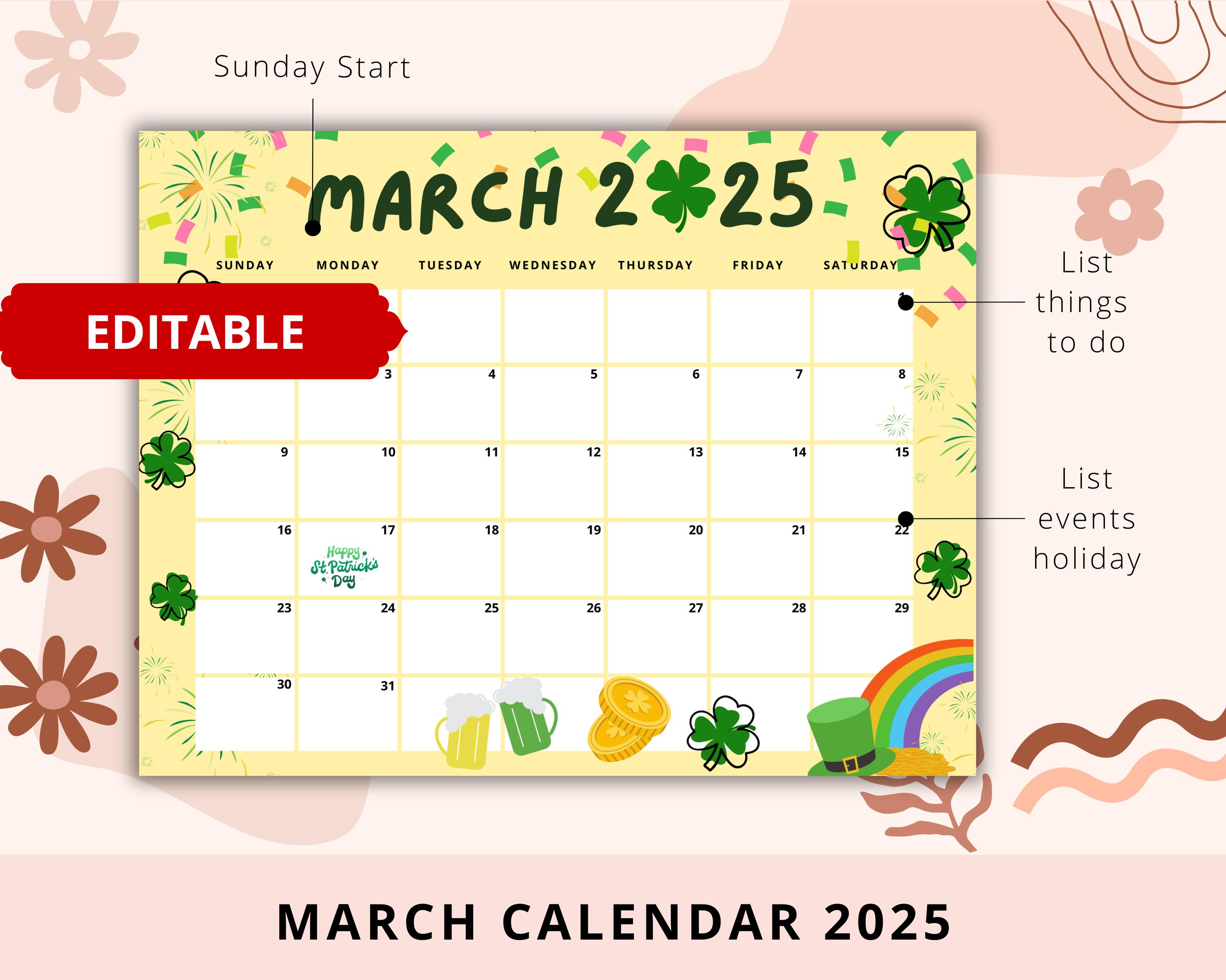 Editable March 2025 Monthly Calendar, St Patrick’s Day 2025, Planner ...