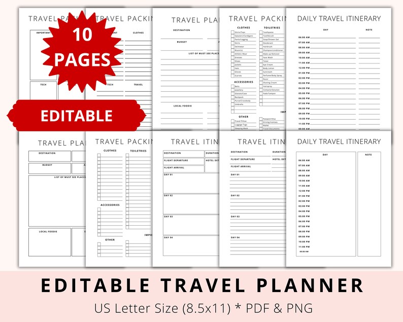 Editable Travel Packing List, Travel Planner, Travel Itinerary, Travel ...