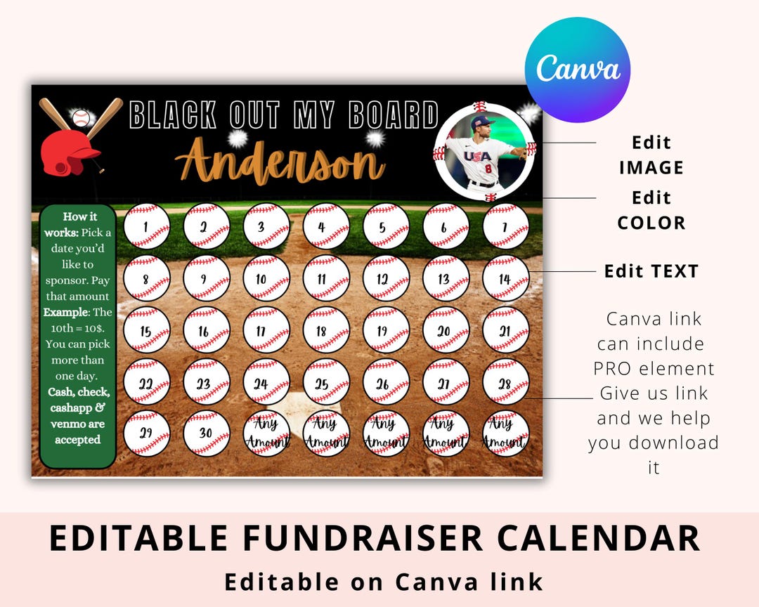 Editable Baseball Black Out My Board, Baseball Pick a Date to Donate ...