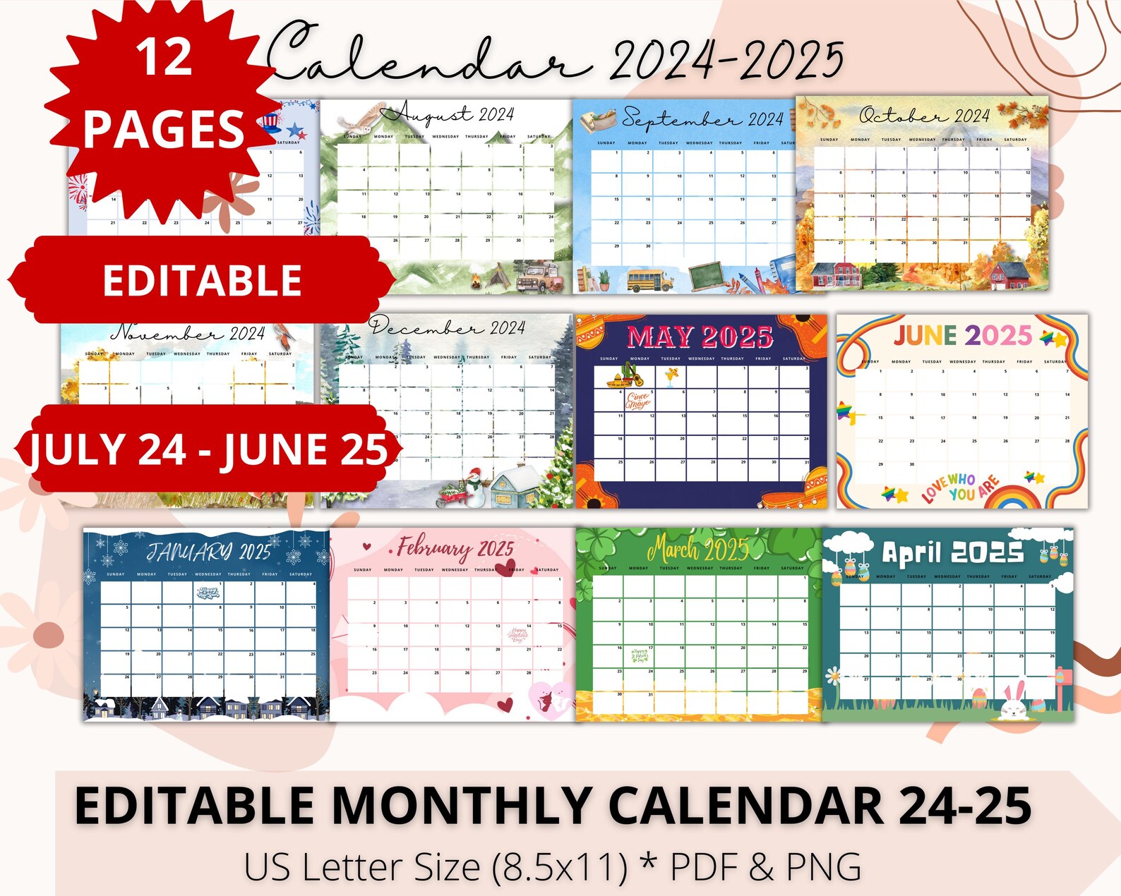 Editable Monthly Calendar 2024 2025, 12 Months, Back to School, Holiday ...