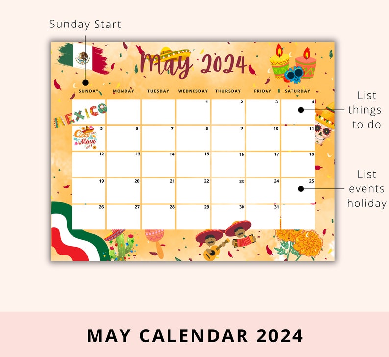Editable May Calendar 2024, Cinco De Mayo Holiday, Academic Planner ...