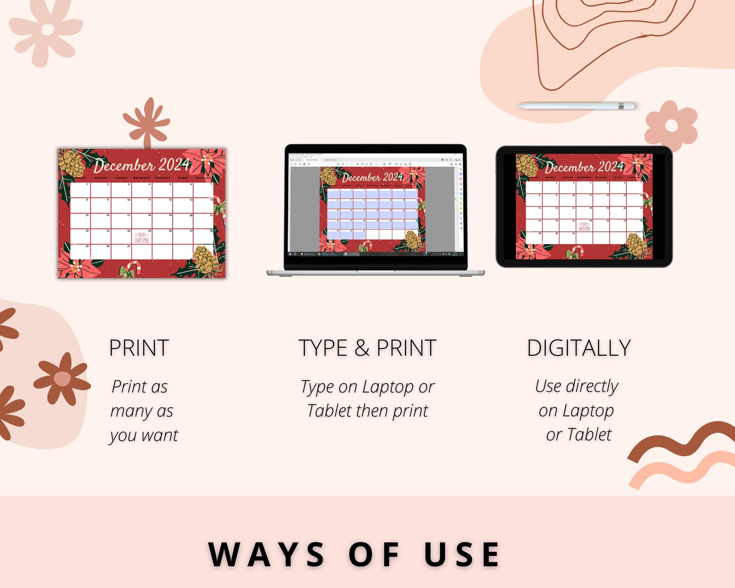 Editable Christmas Calendar 2024 Printable, December 2024, Cat Calendar ...