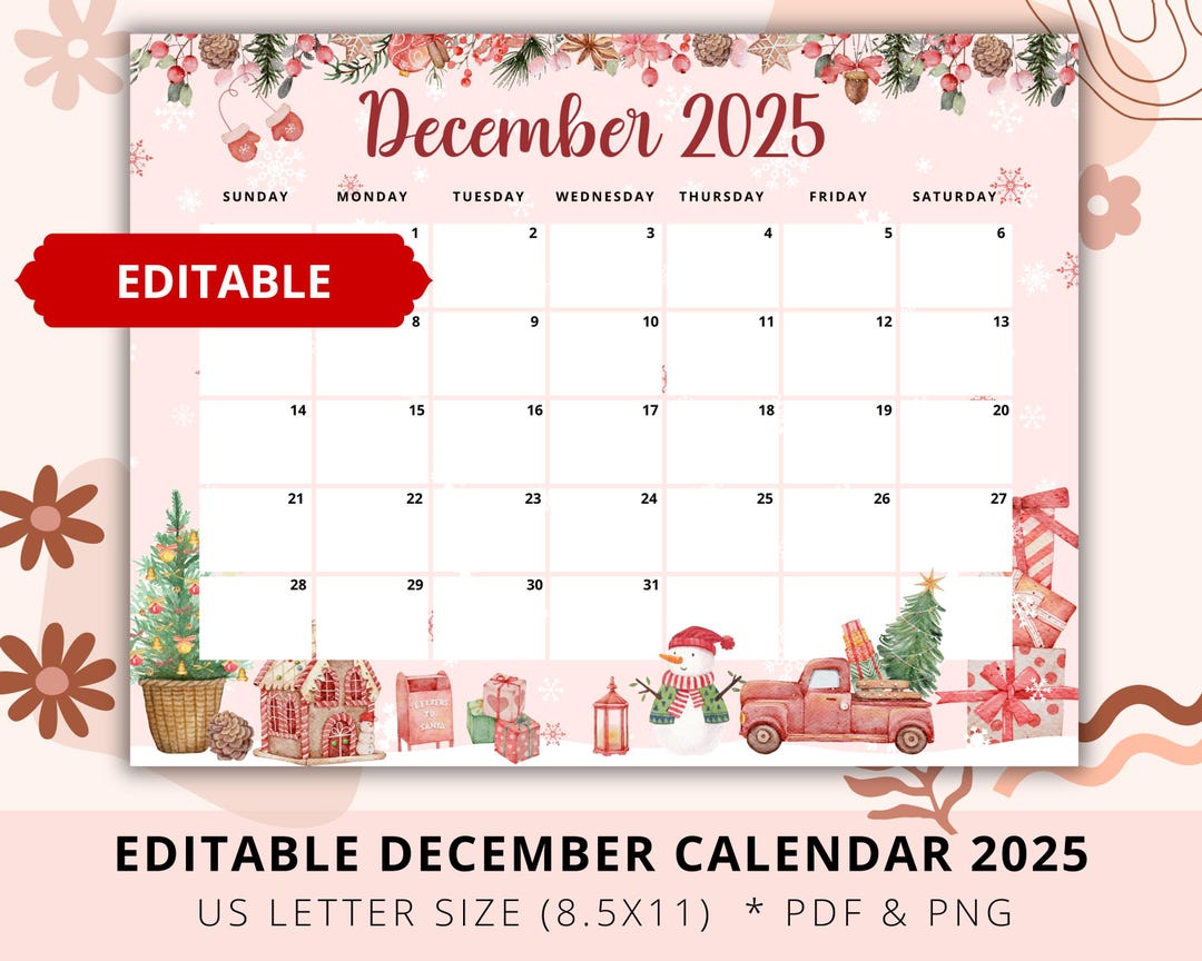 Editable Christmas Calendar 2025 Printable, December 2025, Christmas ...