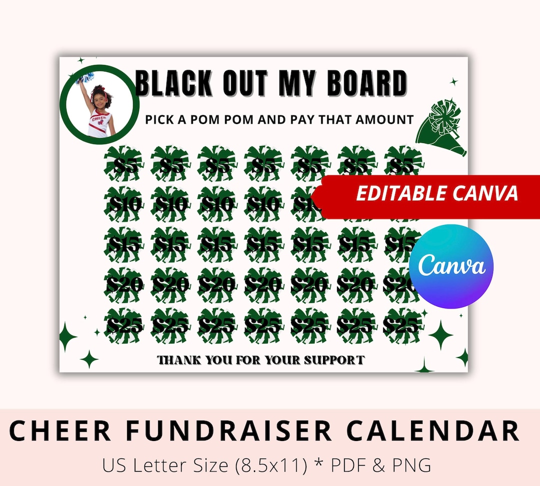 Editable Cheer Black Out My Board, Pick A Date to Donate, Green Theme ...