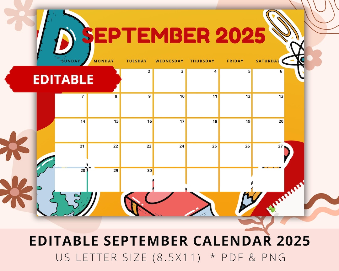 Editable September Calendar 2025, Back to School 2025, Calendar for Kid ...