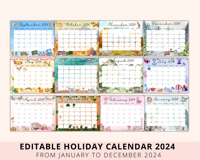 Editable Monthly Calendar 2024, Academic Planner, 12 Month, Holiday ...