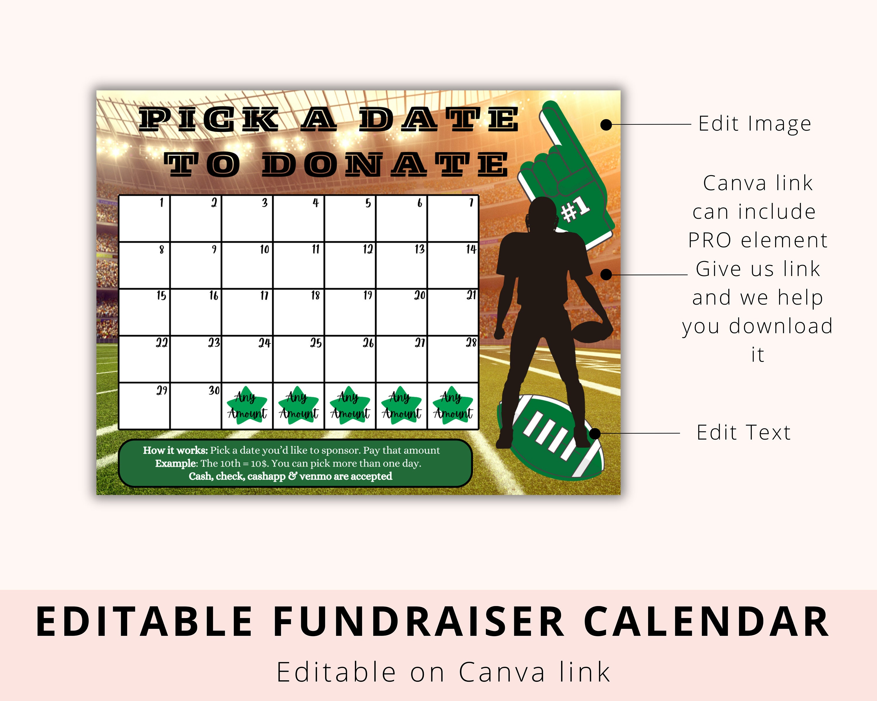 Editable Football Fundraiser Calendar, Football Pick a Date to Donate ...