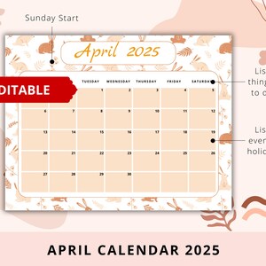 Editable April Calendar 2025, April 2025 Calendar, Easter Planner ...