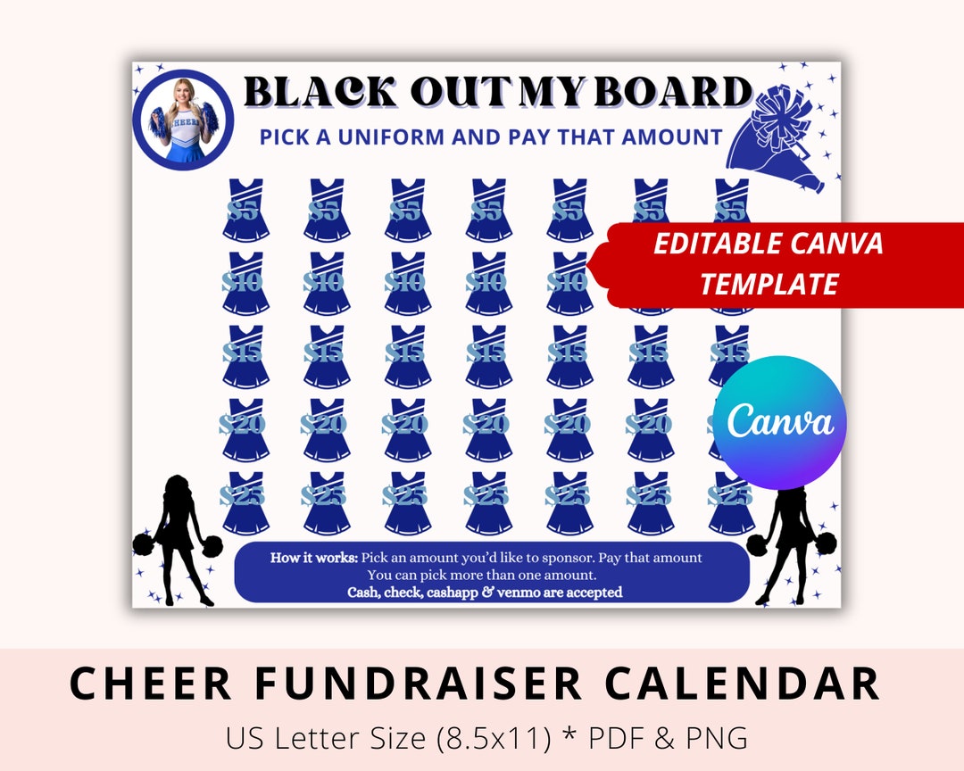 Editable Black Out My Board, Bow, Cheer Fundraiser Calendar, Cheer Pick ...