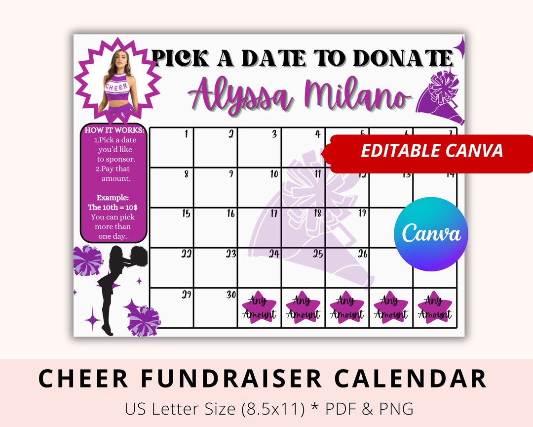 Editable Cheerleading Pick a Date to Donate, Who Has My Back, Purple ...
