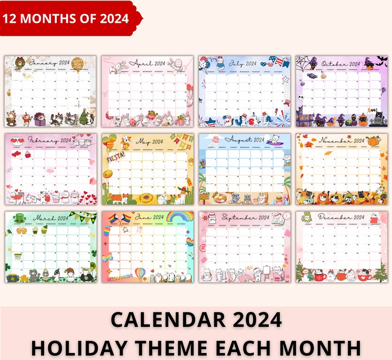 Editable Monthly Calendar 2024, Holiday Calendar, Cat Lover, School ...