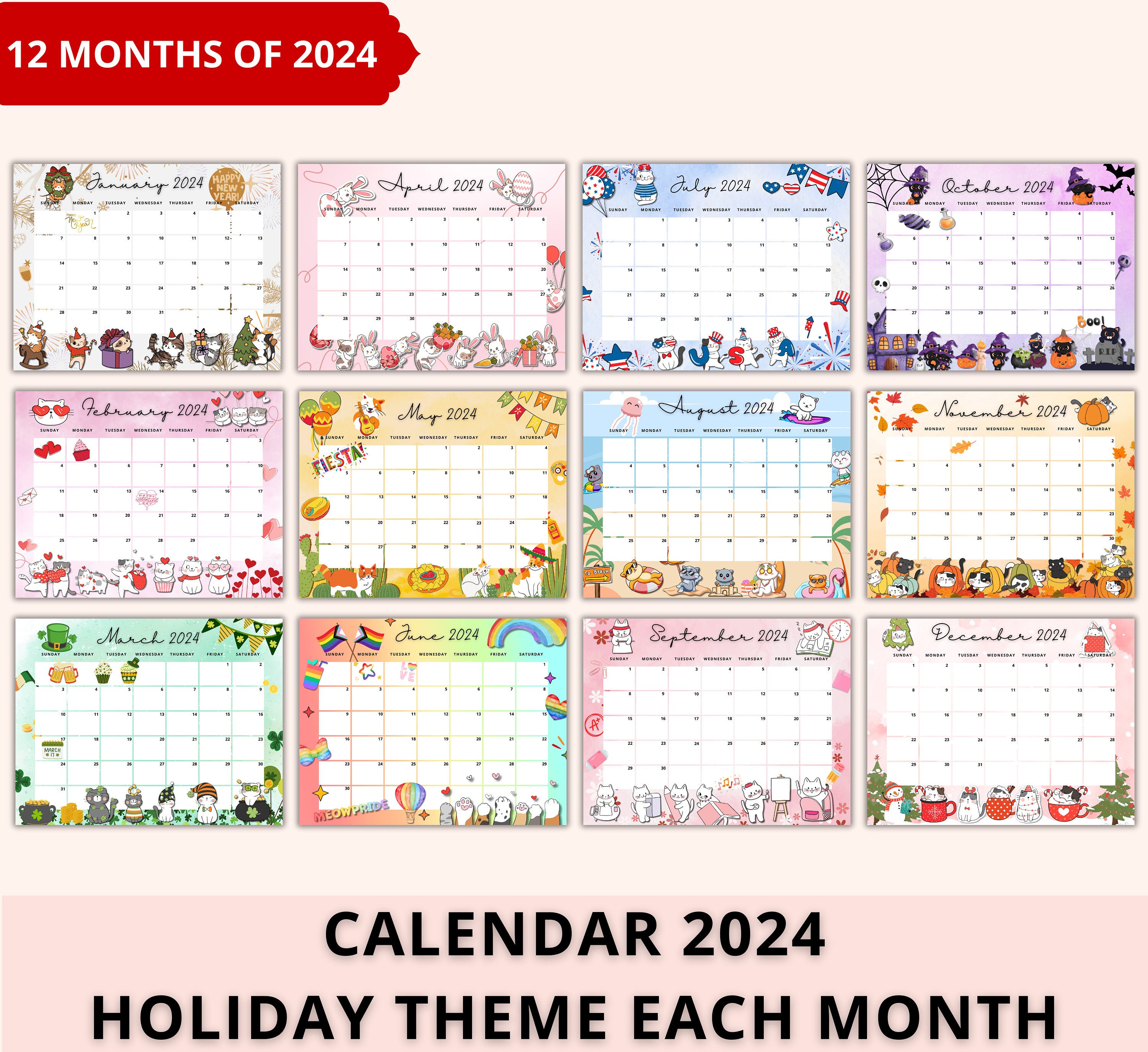 Editable Monthly Calendar 2024, Holiday Calendar, Cat Lover, School ...