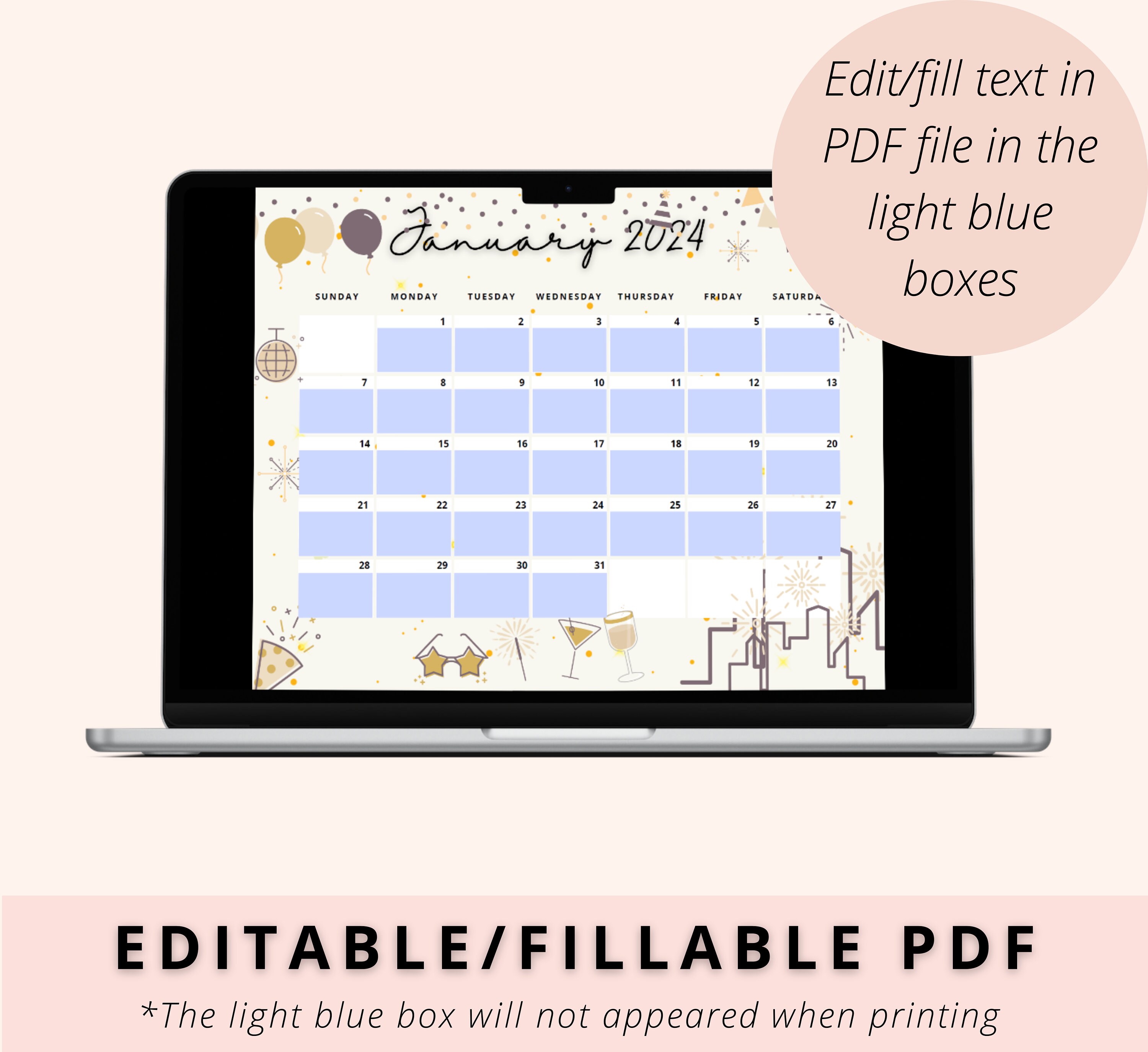 Editable January 2024 Monthly Calendar Printable, Happy New Year ...