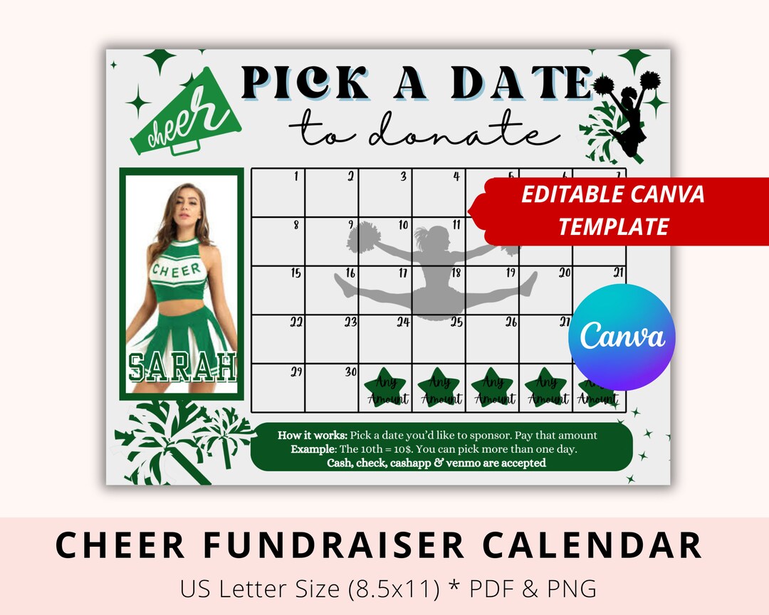 Cheer Fundraiser Calendar, Cheer Pick a Date to Donate, Green Theme ...
