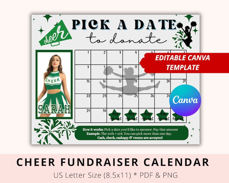 Cheer Fundraiser Calendar, Cheer Pick a Date to Donate, Green Theme ...