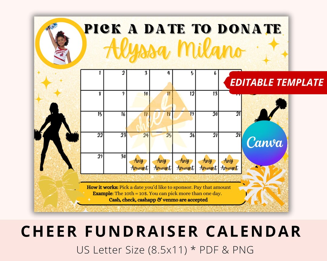 Editable Cheer Pick a Date to Donate, Yellow, Black Out My Board, My ...
